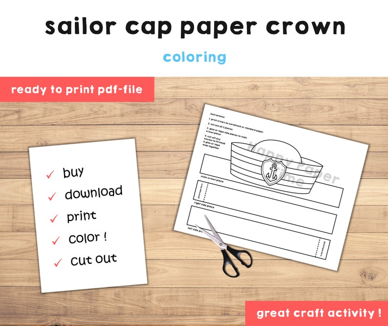 Sailor Hat Cap Paper Crown Party Coloring Printable Kids Craft | Etsy