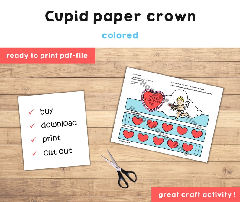 Valentine's Day Paper Crown Party Activity Cupid Printable Kids Easy ...