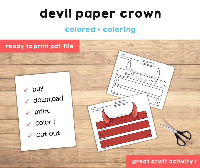 Devil Horns Paper Crown Party Coloring Printable Kids Craft - Etsy