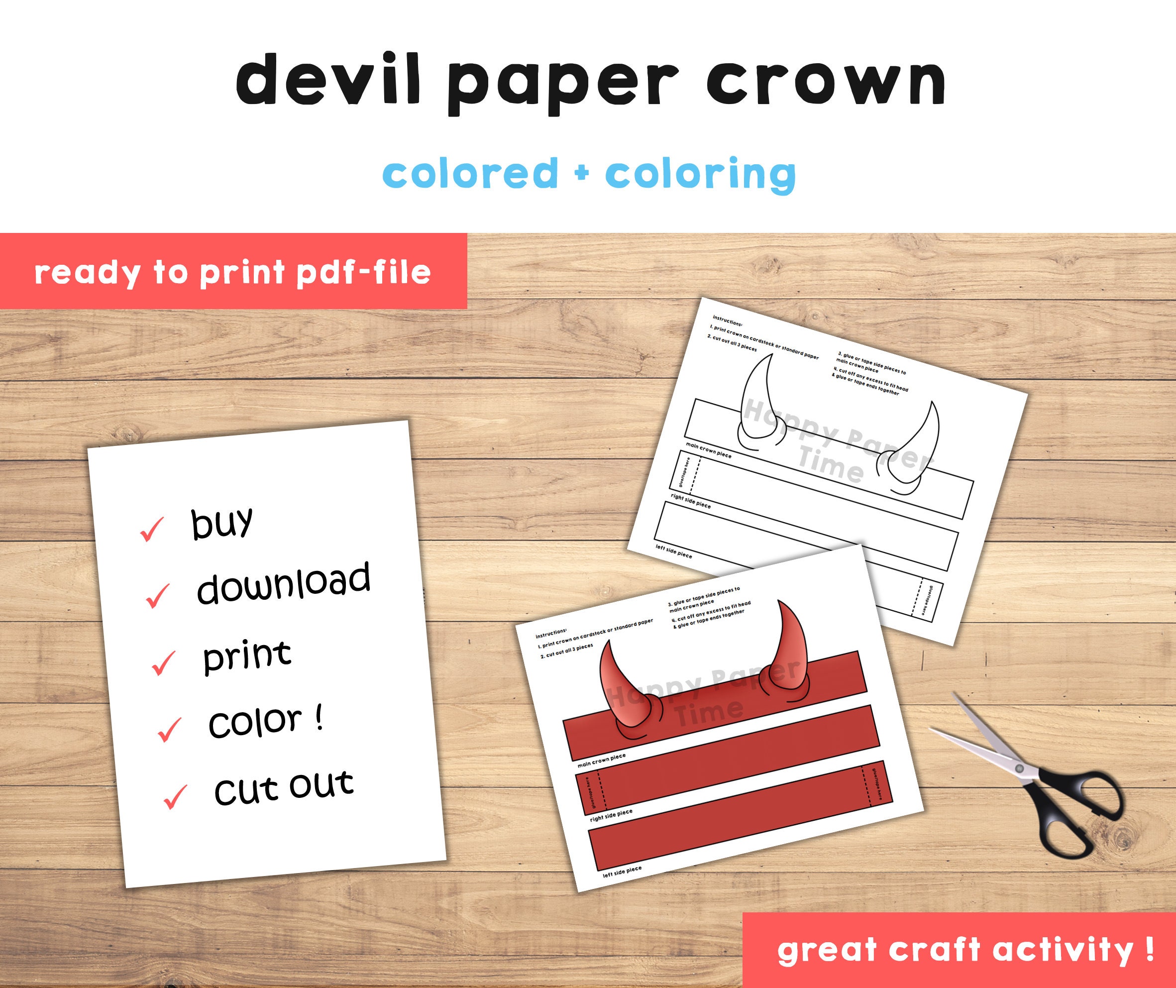 Devil Horns Paper Crown Party Coloring Printable Kids Craft | Etsy