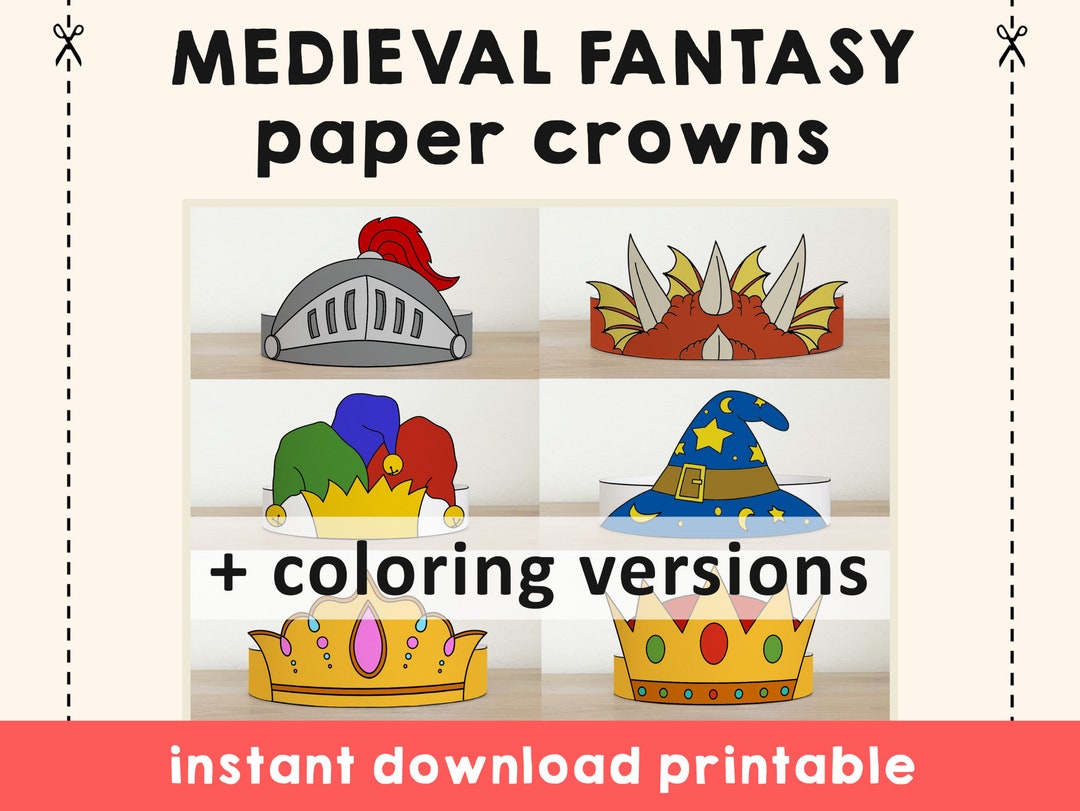 Medieval Fantasy Paper Crown Coloring Headband Knight Dragon Princess ...
