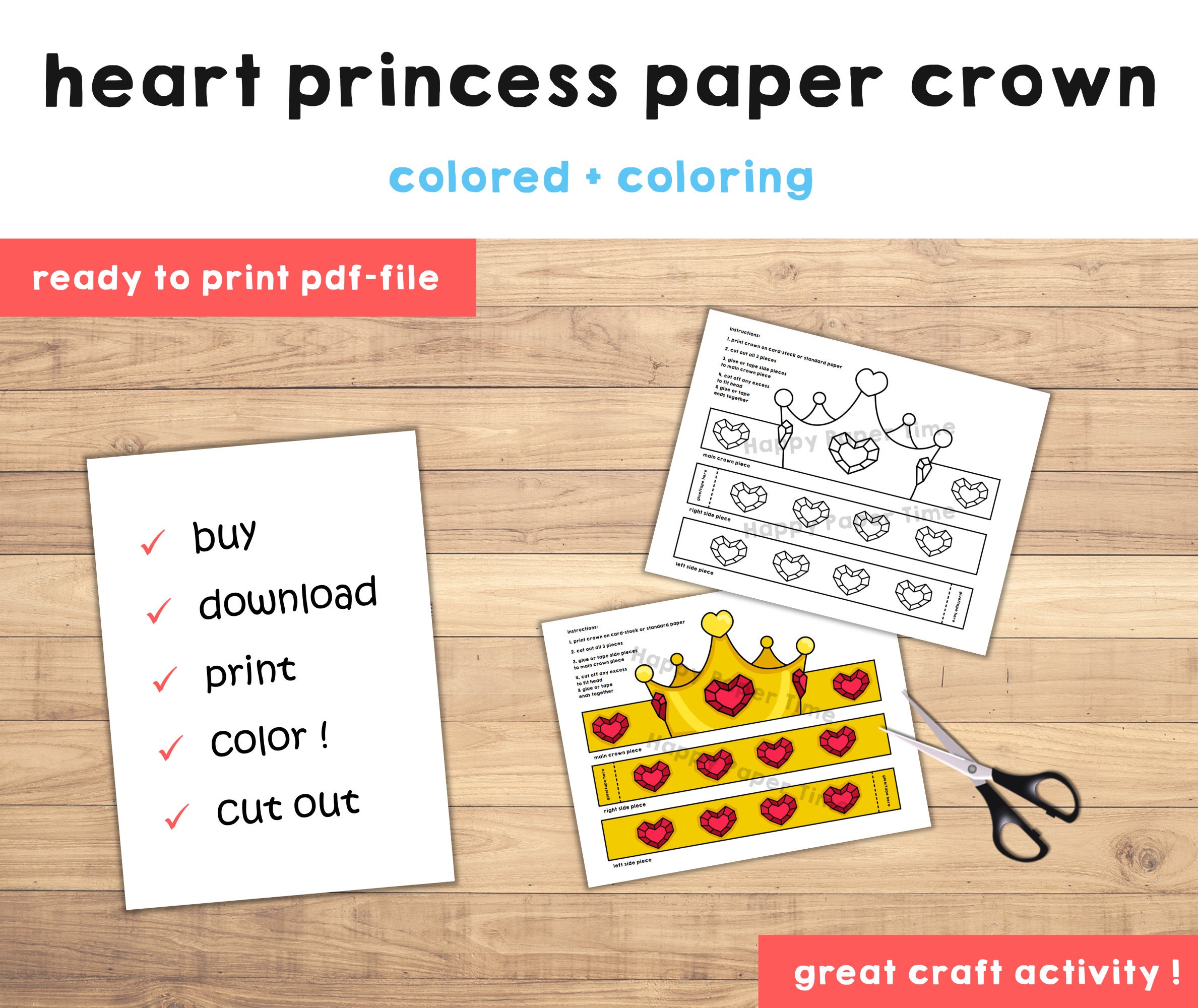 Heart Princess Paper Crown Party Activity Printable Kids Easy - Etsy