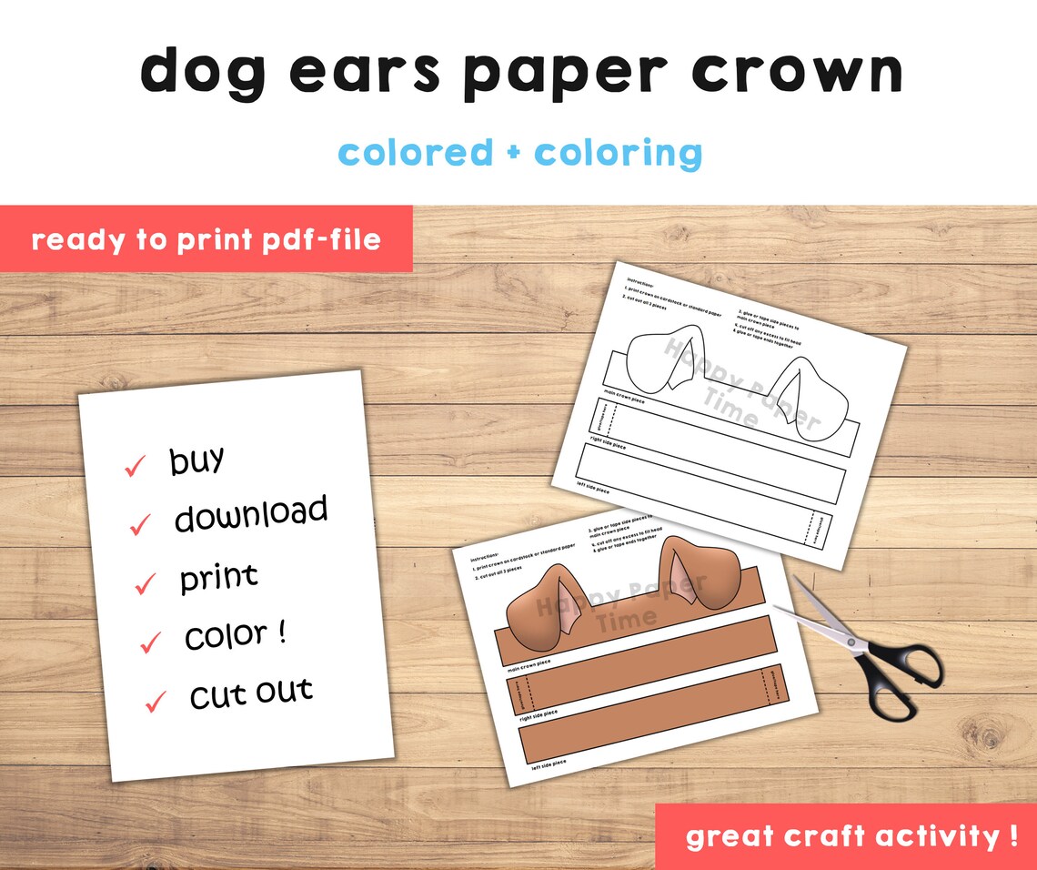 Dog Ears Paper Crown Party Coloring Printable Kids Craft Puppy | Etsy