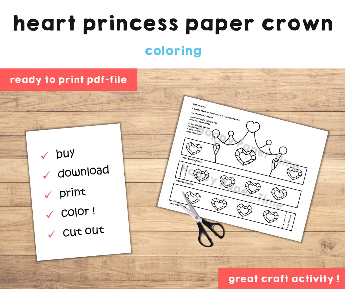 Heart Princess Paper Crown Party Activity Printable Kids Easy - Etsy