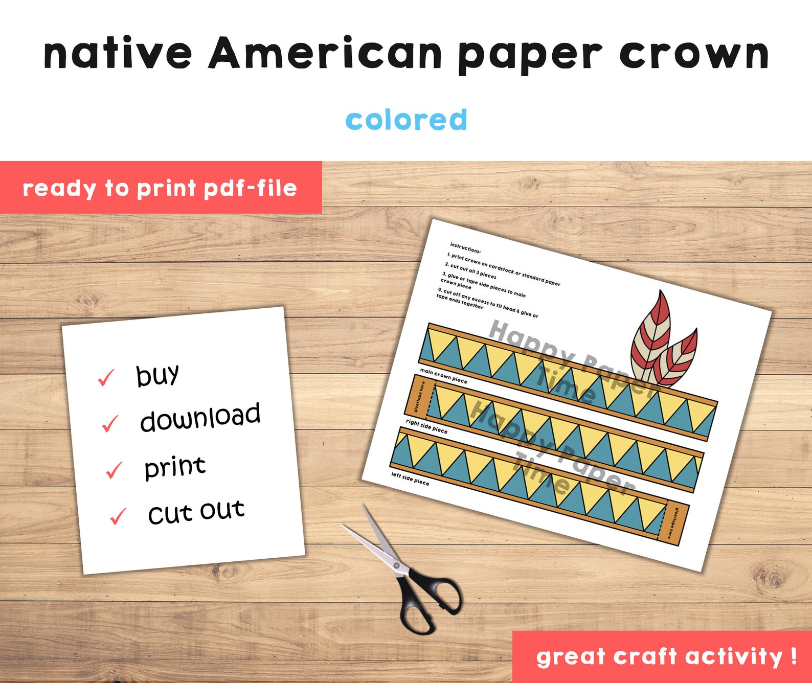 Native American Paper Headband Crown Party Coloring Printable Kids ...
