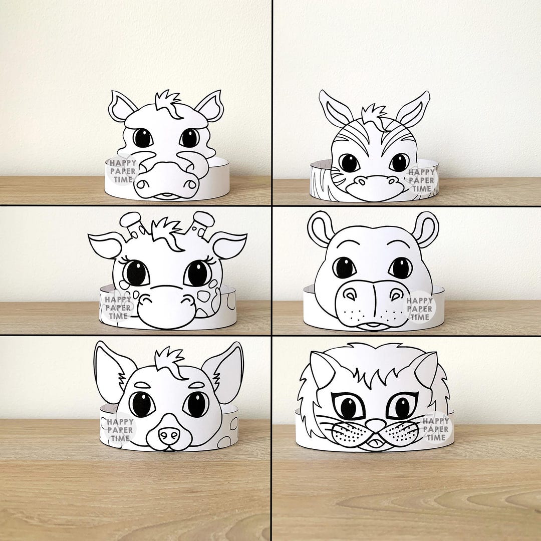 African Safari Animals Paper Crowns Giraffe Hippo Hyena Lion Zebra ...