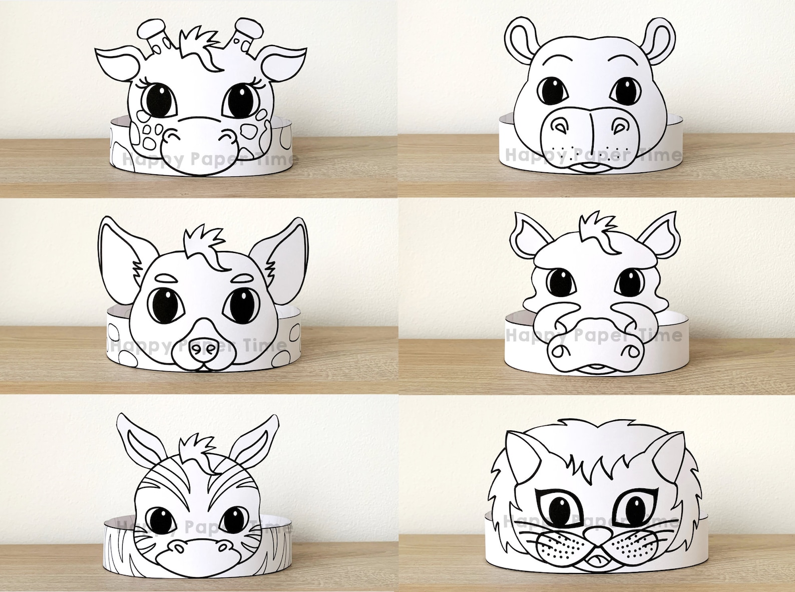 African Safari Animals Paper Crowns Giraffe Hippo Hyena Lion Zebra ...