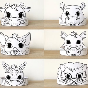 African Safari Animals Paper Crowns Giraffe Hippo Hyena Lion Zebra ...