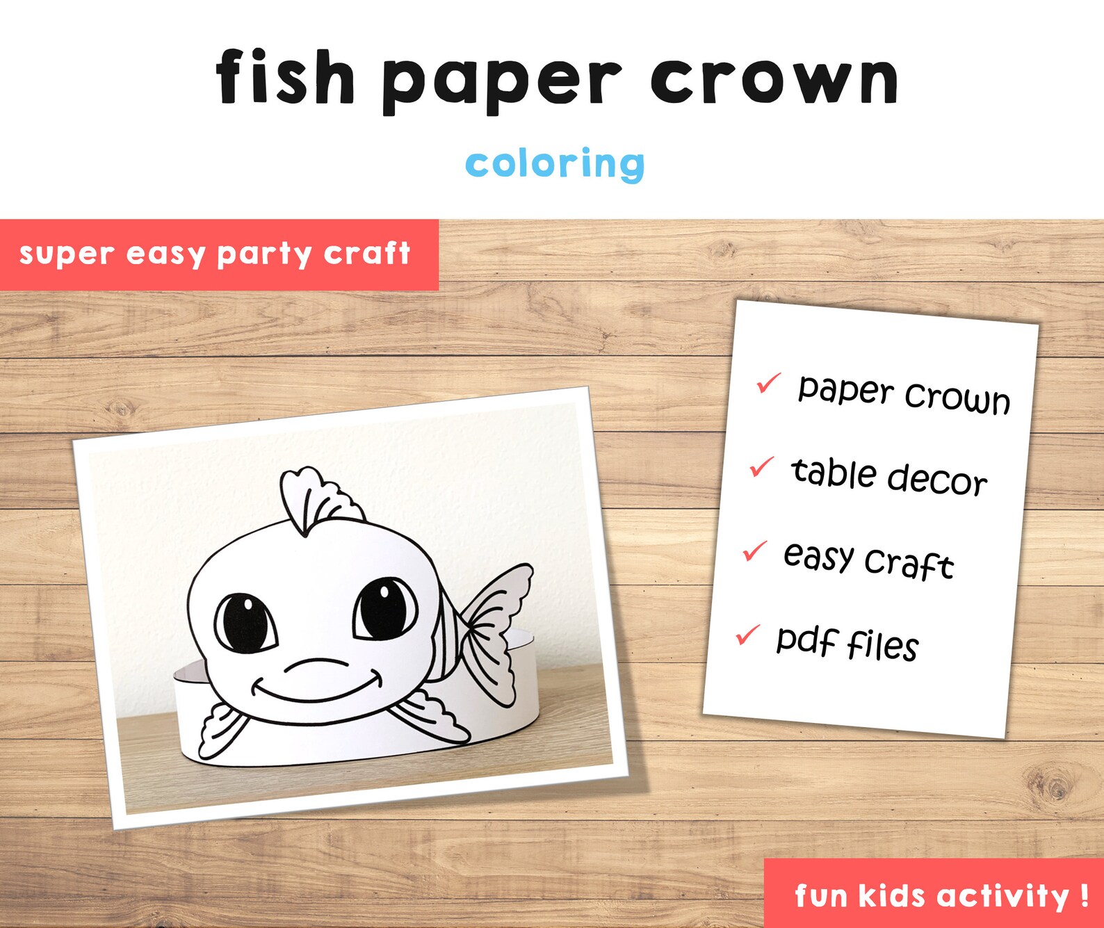 Fish Paper Crown Party Coloring Printable Party Hat Kids Craft - Etsy