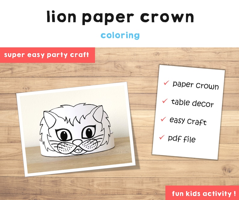 Lion Paper Crown Coloring Printable Kids Craft Lion Birthday Party ...