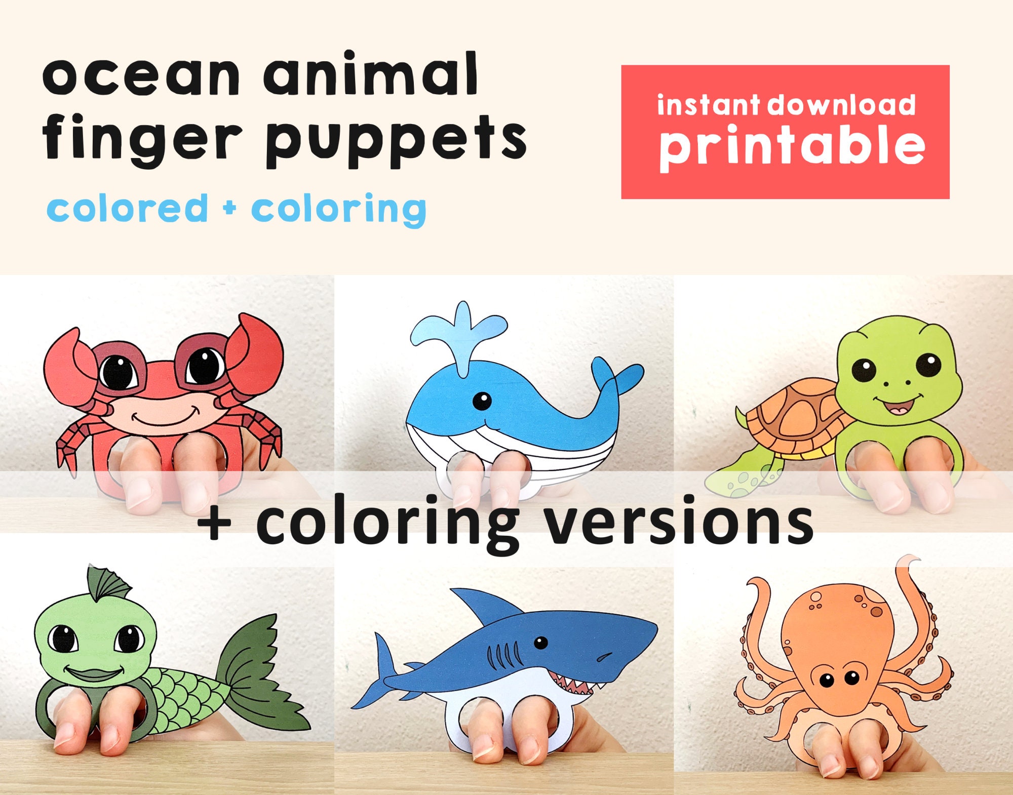 Ocean Animals Paper Craft Printable Finger Puppet Template - Etsy