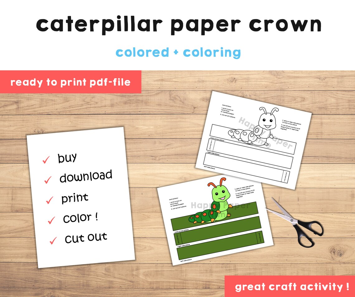 Caterpillar Paper Crown Headband Party Coloring Printable Kids - Etsy