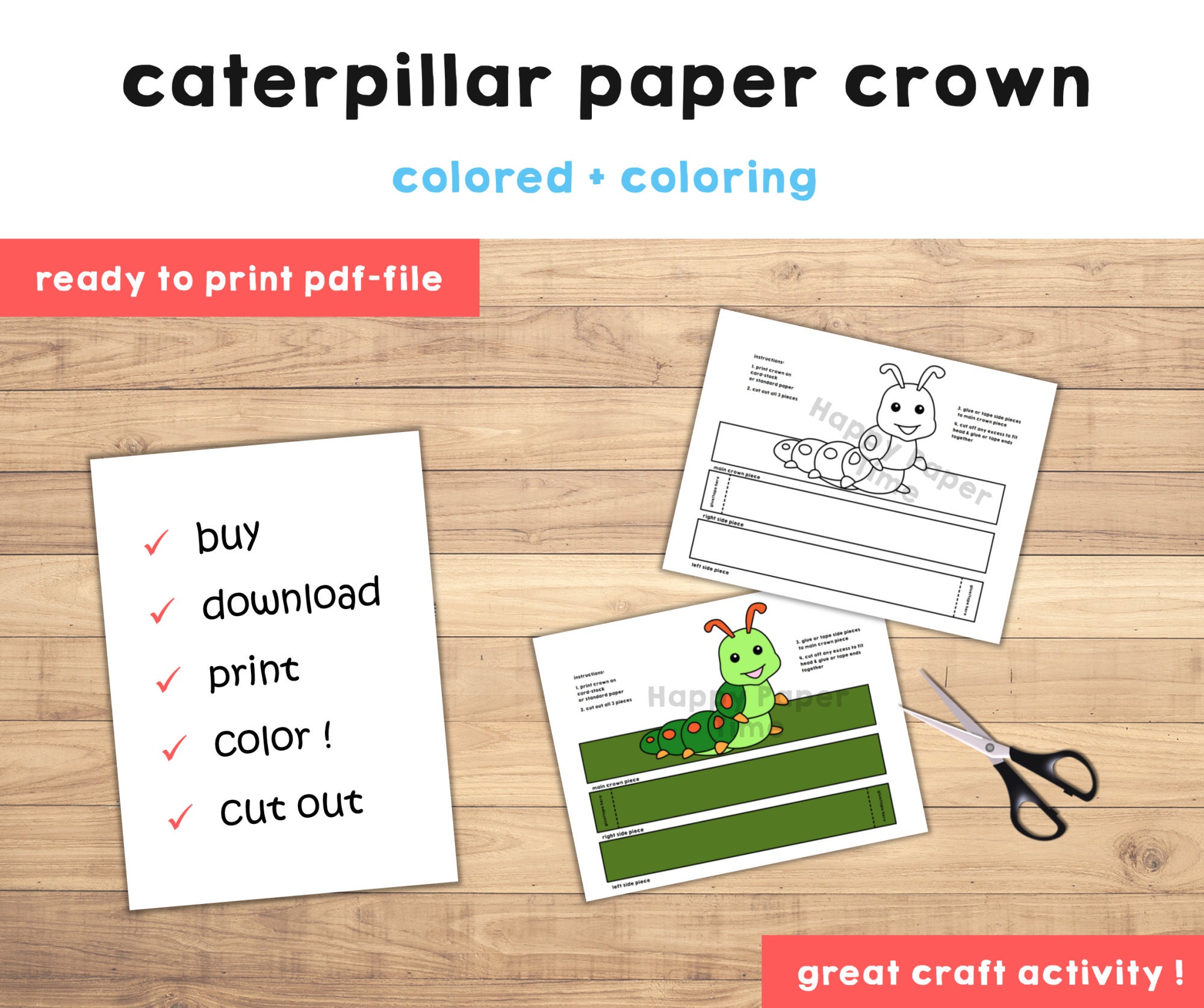 Caterpillar Paper Crown Headband Party Coloring Printable Kids - Etsy