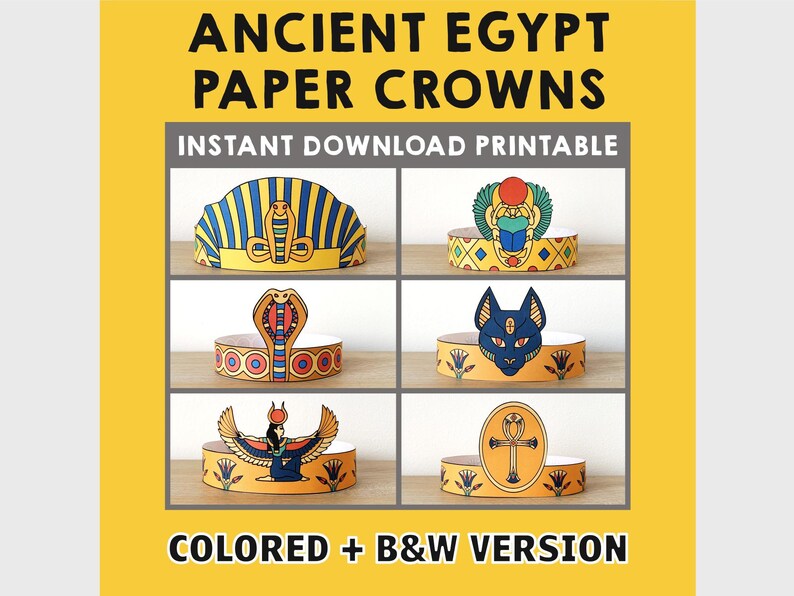 Ancient Egypt Paper Crowns Pharaoh Cobra Cleopatra Isis Scarab Cat Ankh ...