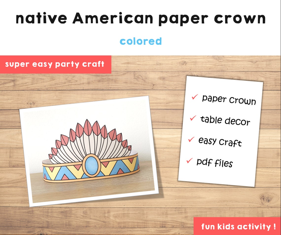 Native American Paper Craft Headdress Crown Party Template | Etsy
