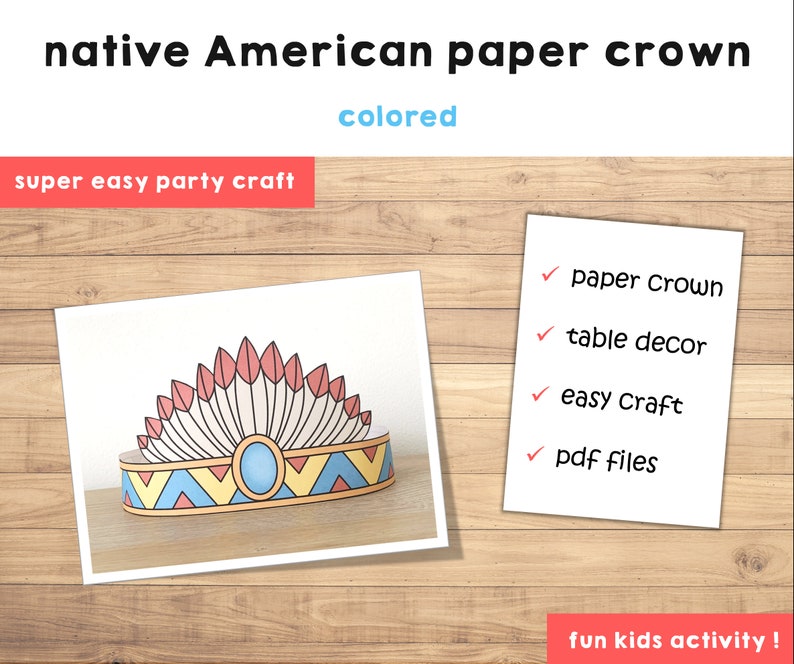 Native American Paper Craft Headdress Crown Party Template | Etsy