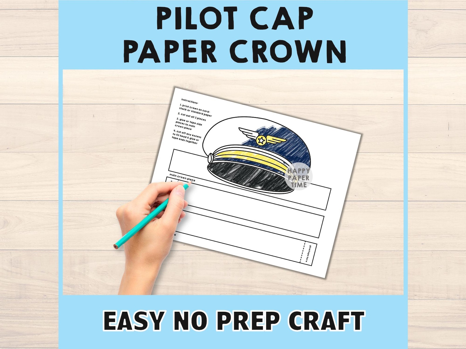 Pilot Cap Paper Crown Headband Airline Party Coloring Printable Kids ...