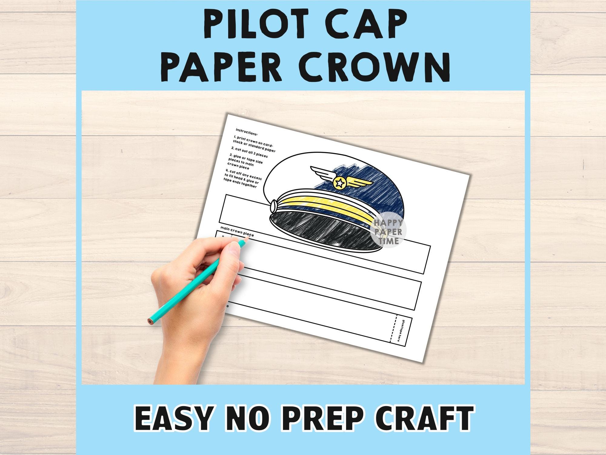 Pilot Cap Paper Crown Headband Airline Party Coloring Printable Kids ...