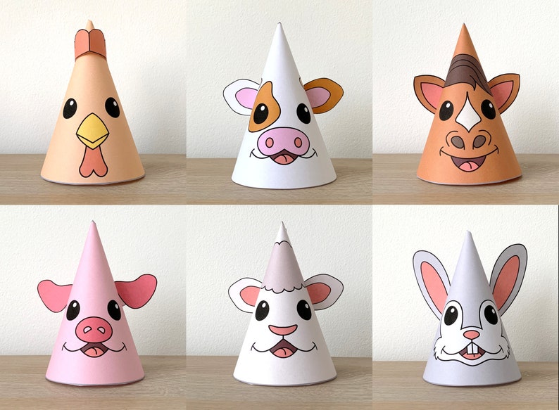 Farm Animal Party Hats Paper Printable Table Pig Horse Cow Rabbit Sheep ...