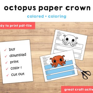 Octopus Paper Crown Party Coloring Printable Party Hat Kids Craft Ocean ...