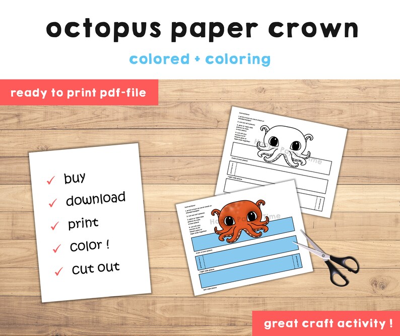 Octopus Paper Crown Party Coloring Printable Party Hat Kids Craft Ocean ...