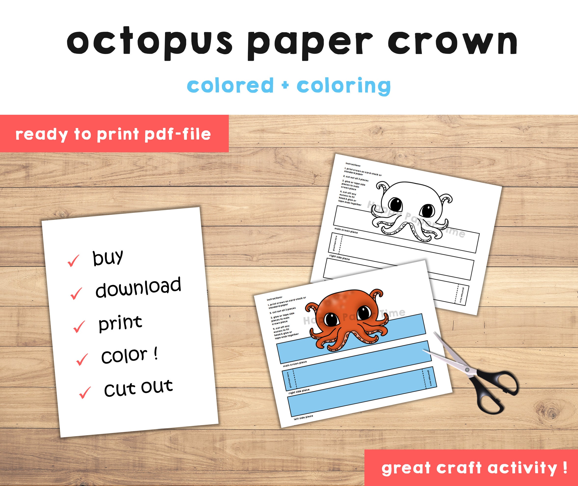 Octopus Paper Crown Party Coloring Printable Party Hat Kids Craft Ocean ...