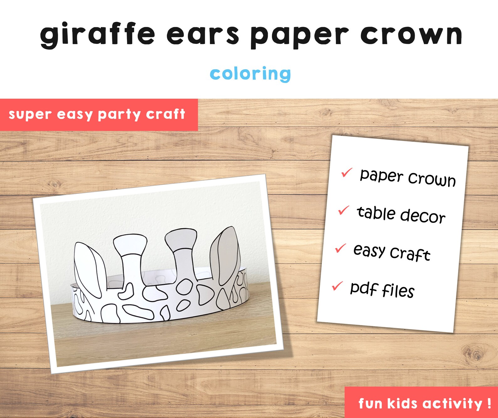 Giraffe Ears Paper Crown Party Coloring Printable Kids Craft | Etsy