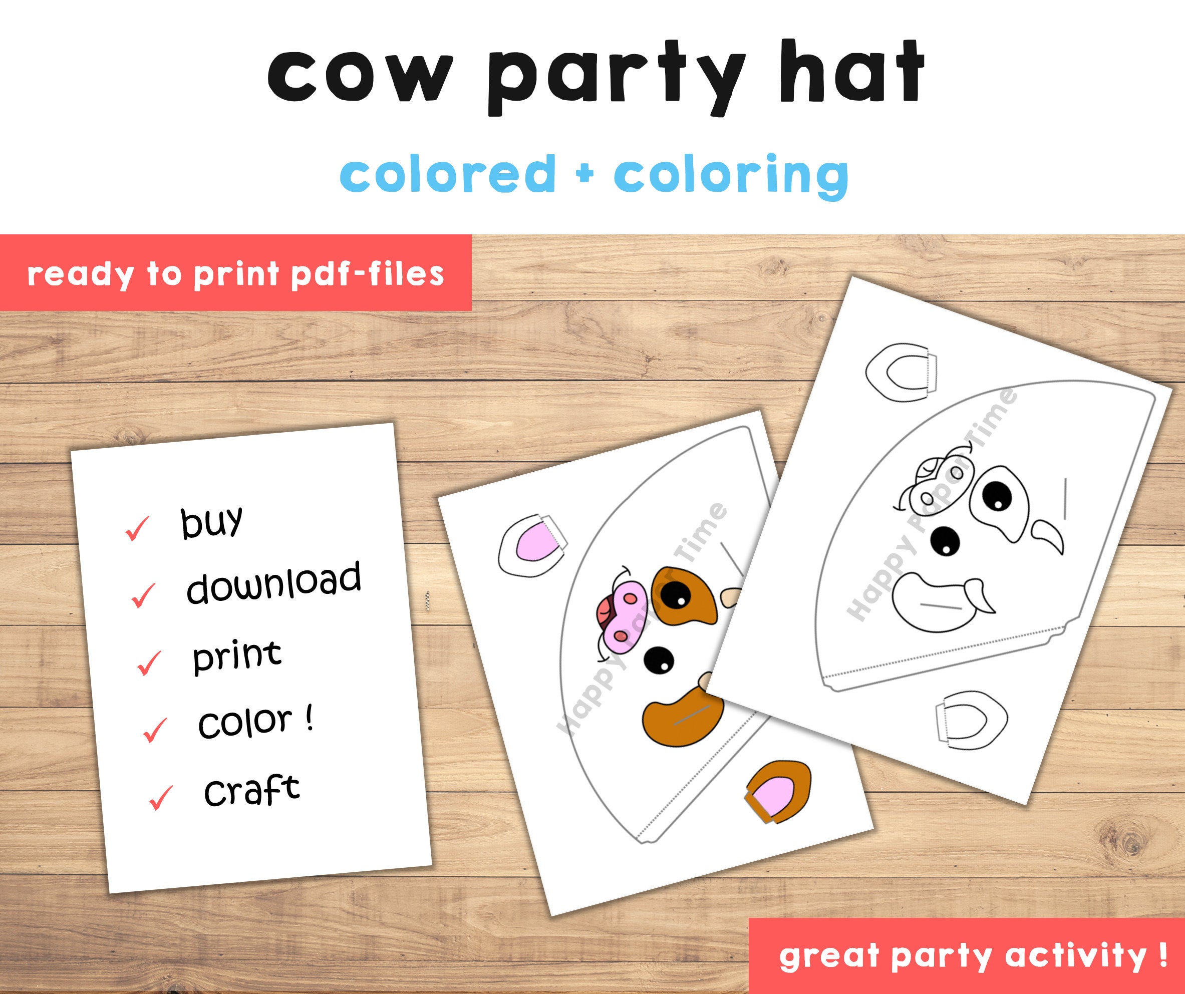 Cow Party Hat Paper Printable Template Print Out Farm Animal | Etsy