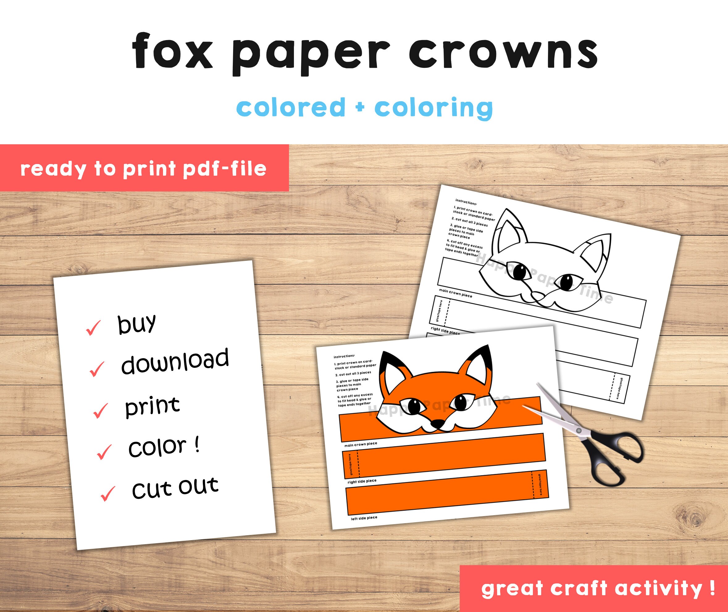 Fox Paper Crown Activity Coloring Printable Kids Craft - Etsy