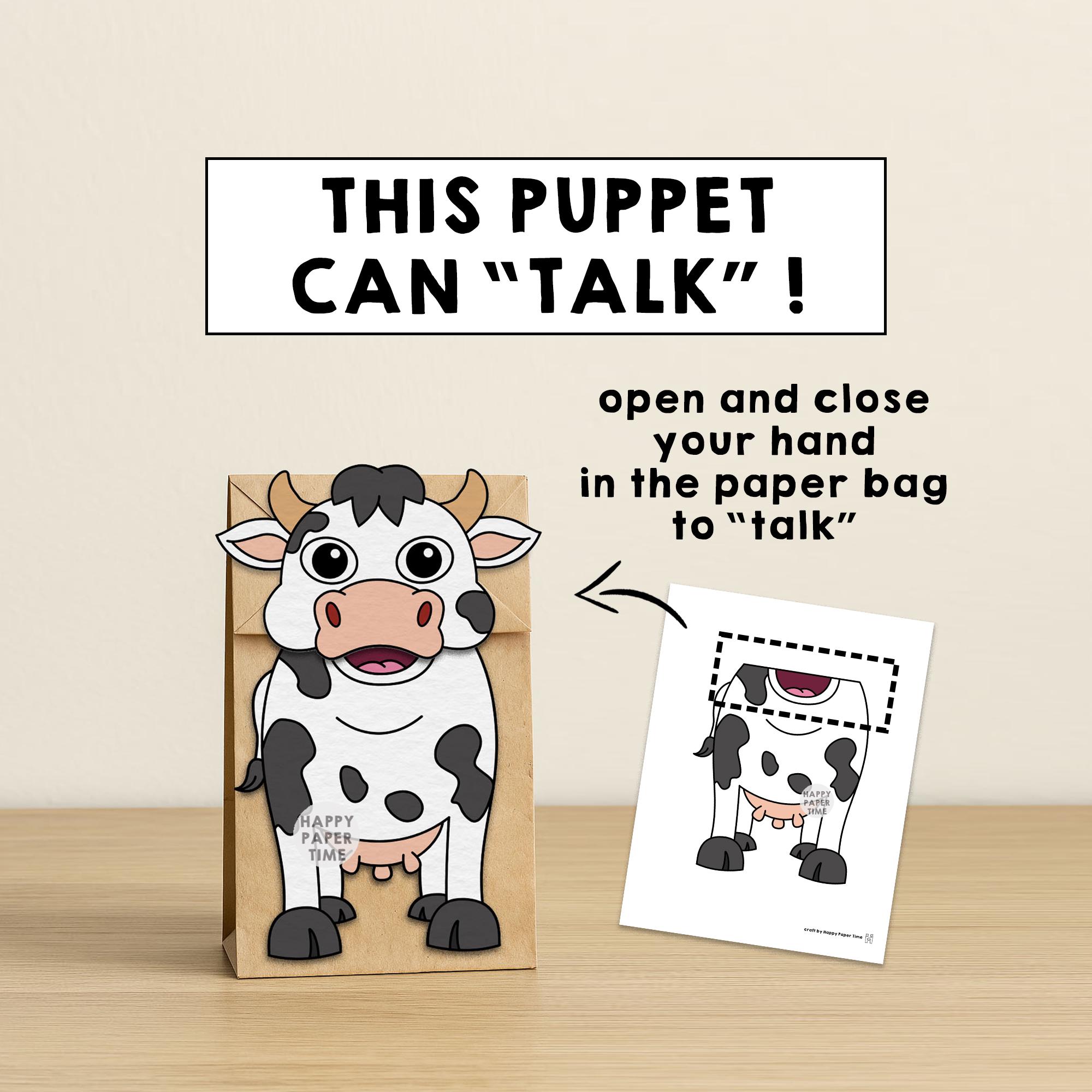 Cow Paper Bag Puppet Printable Farm Animal Craft Activity Cut Paste ...