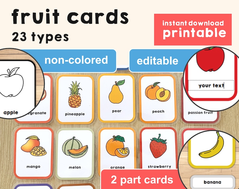 Fruits Flash Cards Printable Montessori Materials Preschool | Etsy