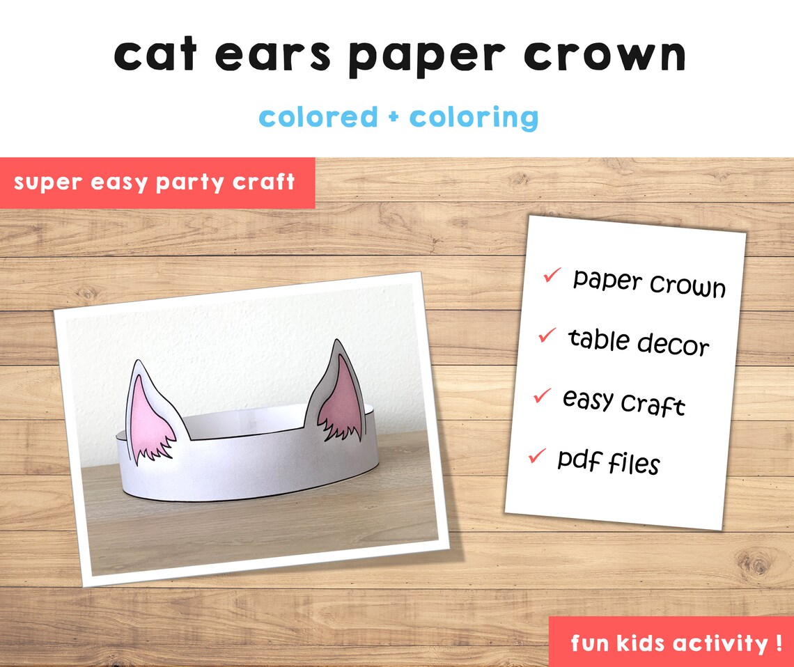 Cat Ears Paper Crown Party Coloring Printable Kids Craft - Etsy