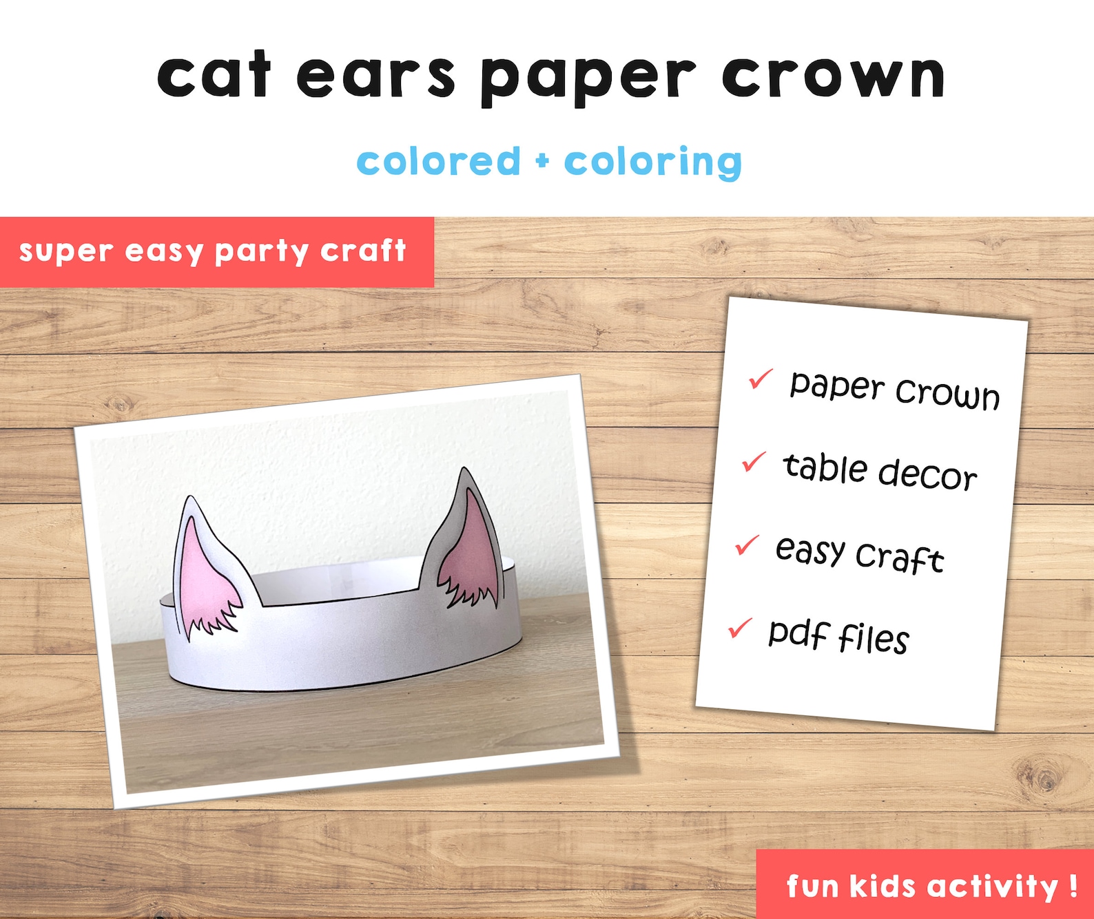 Cat Ears Paper Crown Party Coloring Printable Kids Craft - Etsy