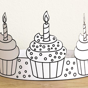 Birthday Cupcake Paper Crown Party Activity Printable Kids Coloring ...