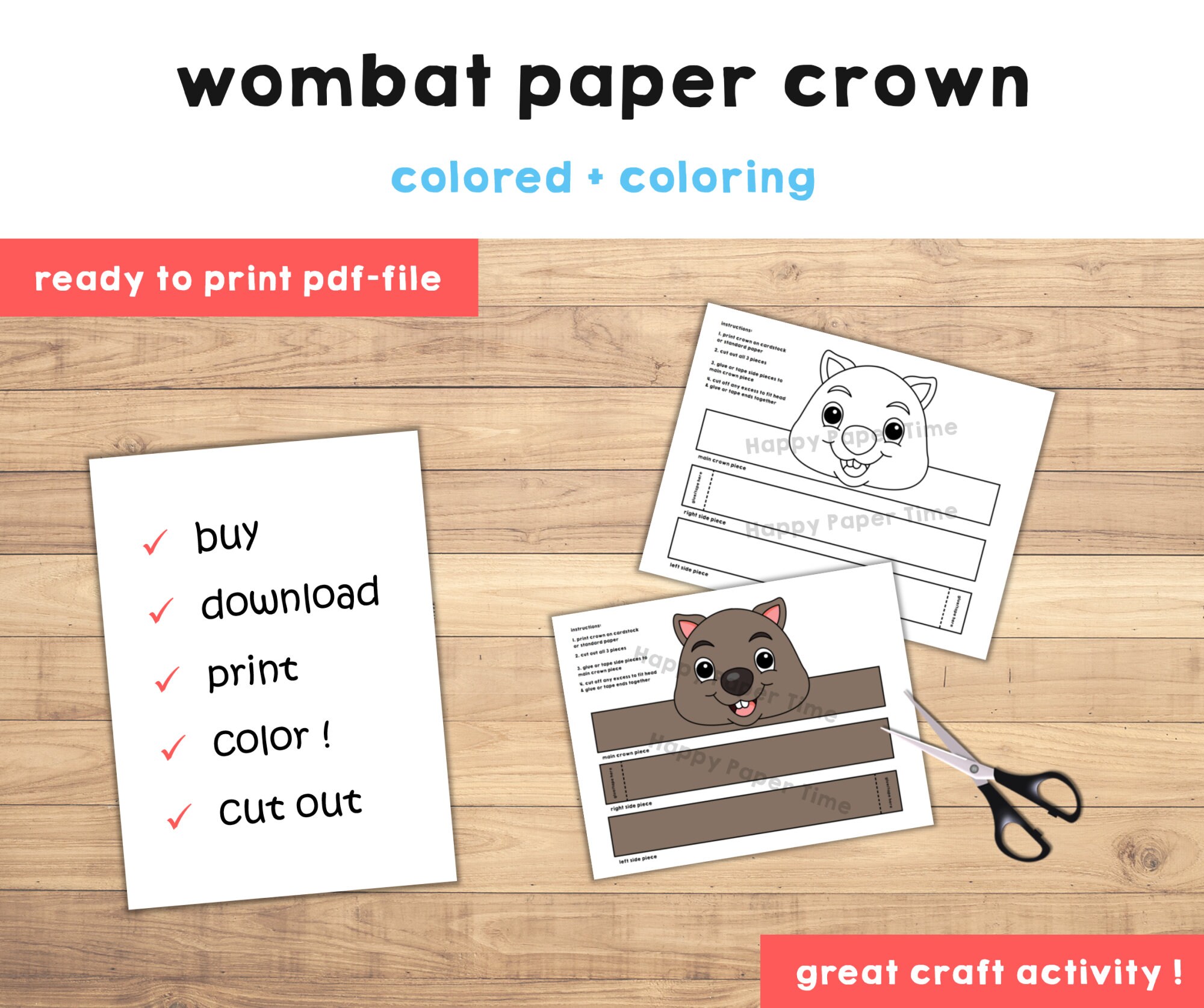 Wombat Paper Crown Australian Animal Template Coloring Activity ...
