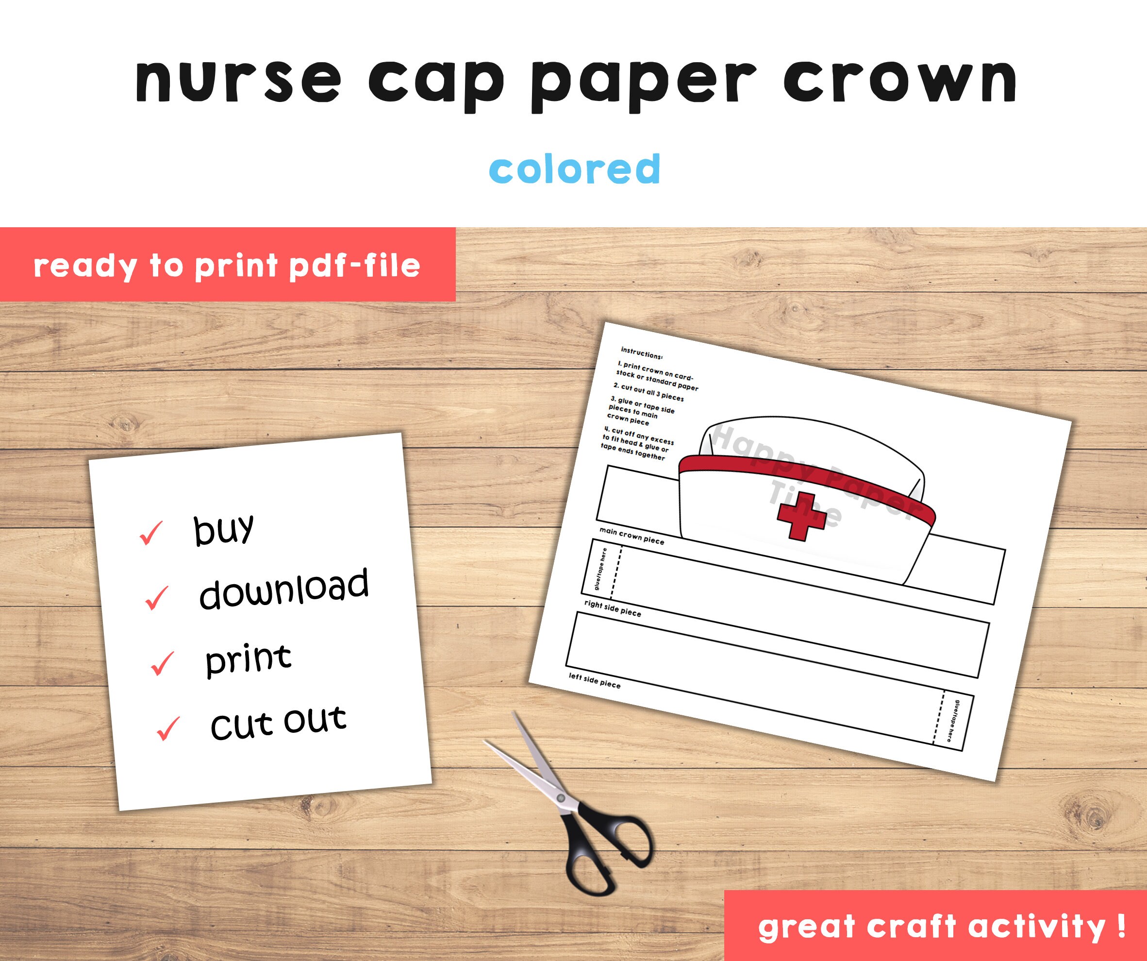 Nurse Cap Hat Paper Crown Party Coloring Printable Kids Craft - Etsy UK