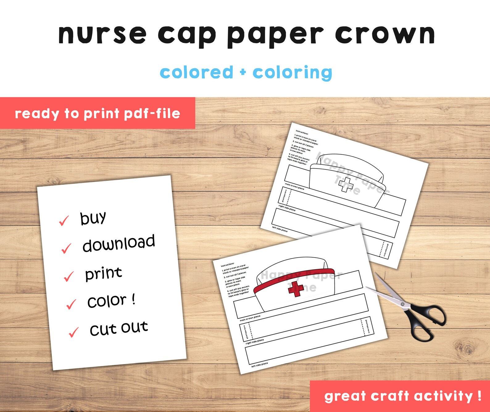 Nurse Cap Hat Paper Crown Party Coloring Printable Kids Craft | Etsy