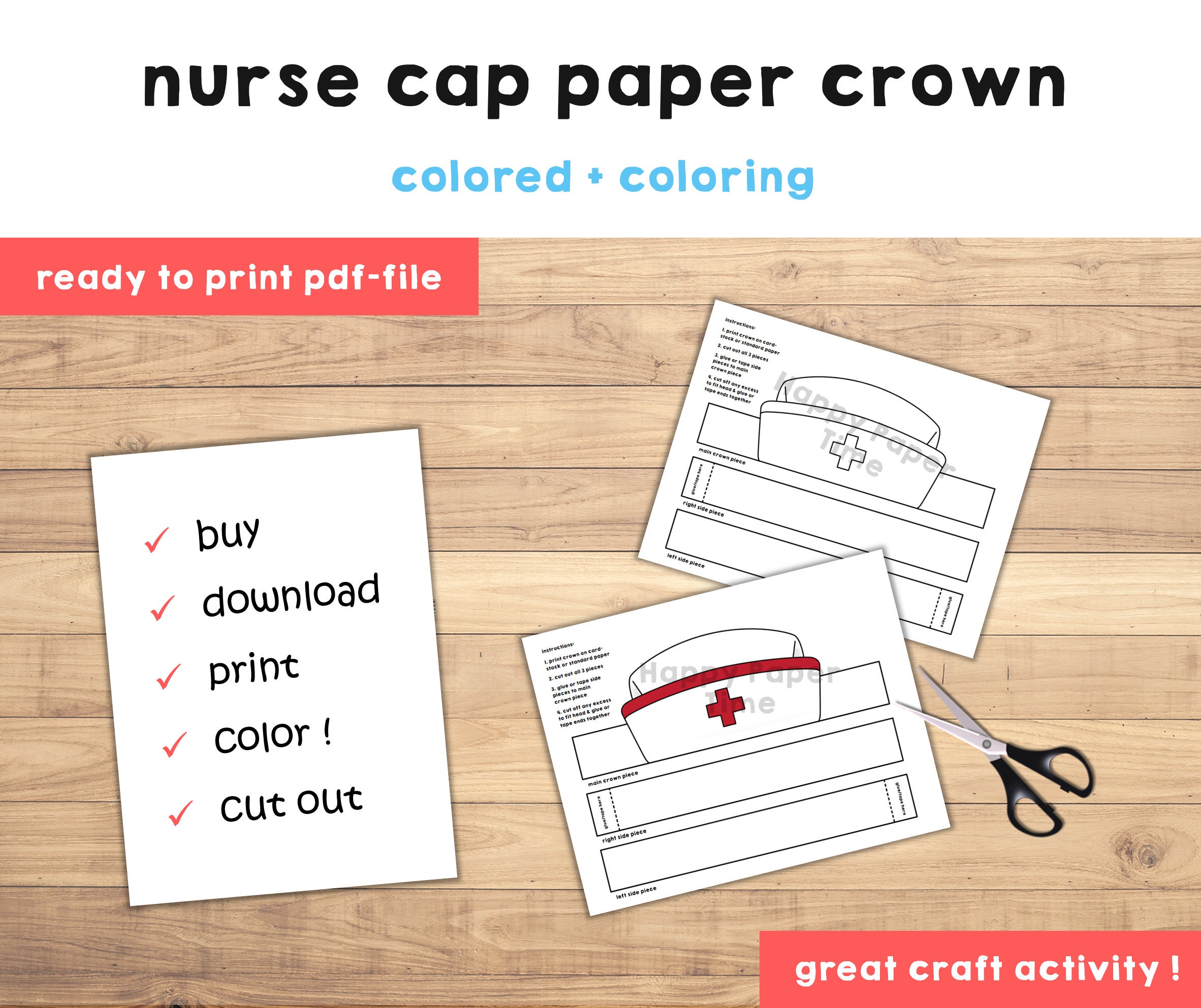 Nurse Cap Hat Paper Crown Party Coloring Printable Kids Craft - Etsy Canada