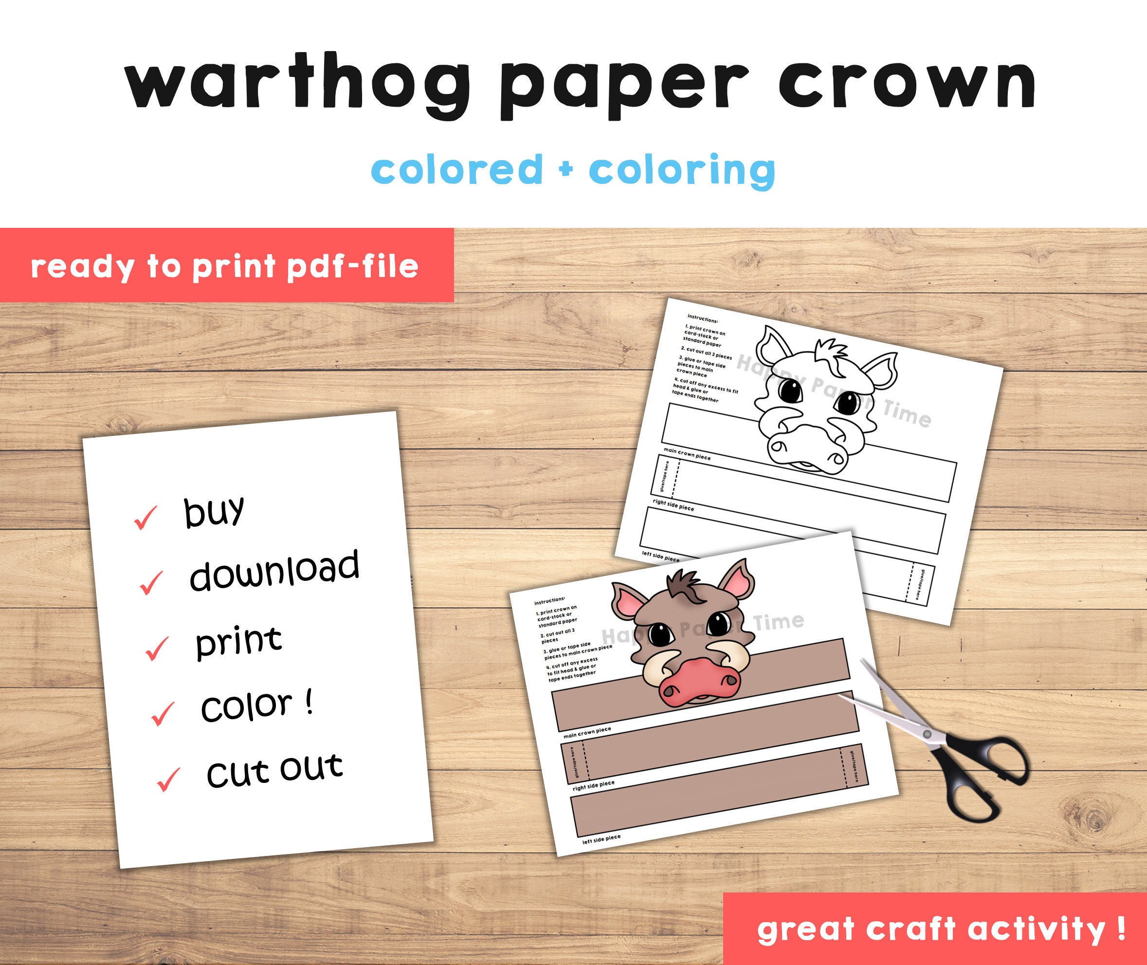 Warthog Paper Crown Party Coloring Printable Kids Craft African ...