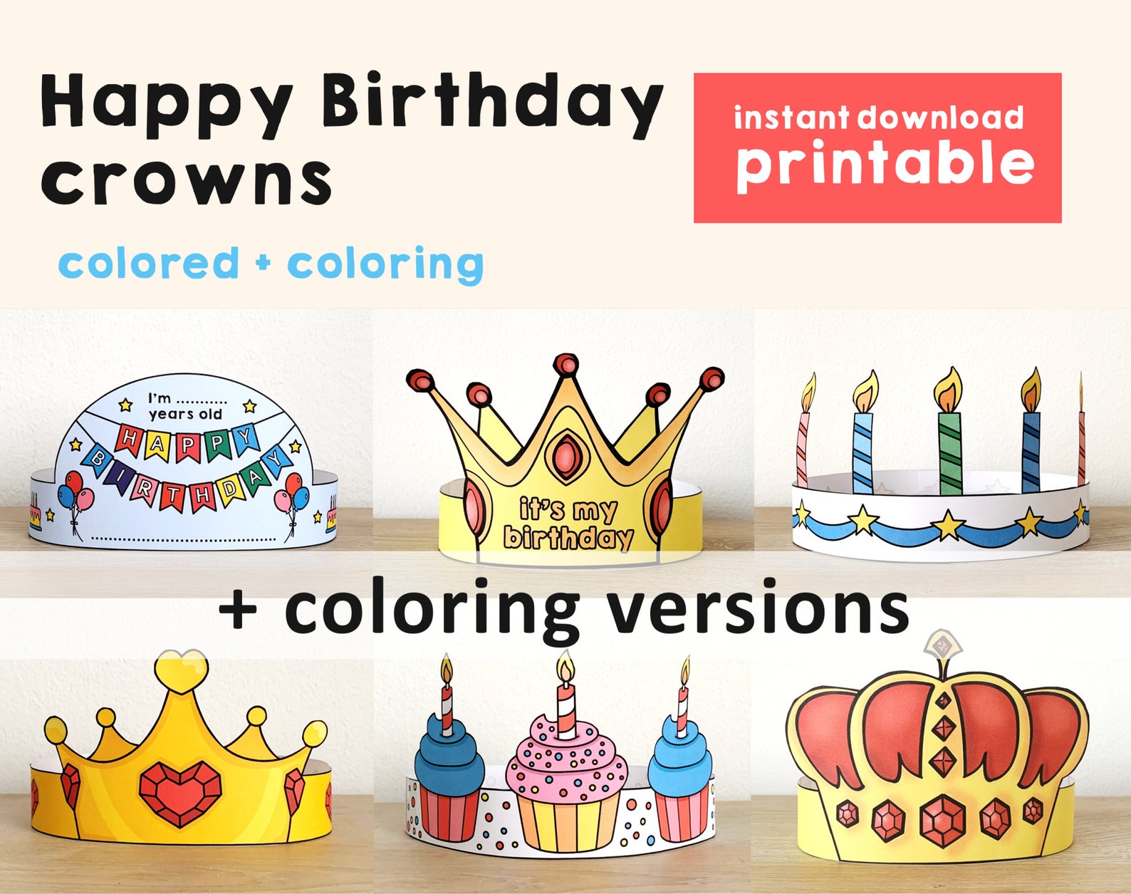 Happy Birthday Paper Crowns Party B-day Printable Kids Craft - Etsy