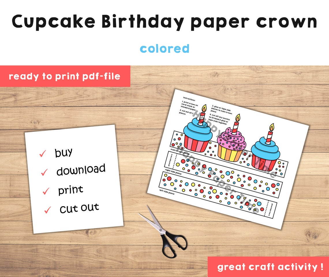 Birthday Cupcake Paper Crown Party Activity Printable Kids | Etsy