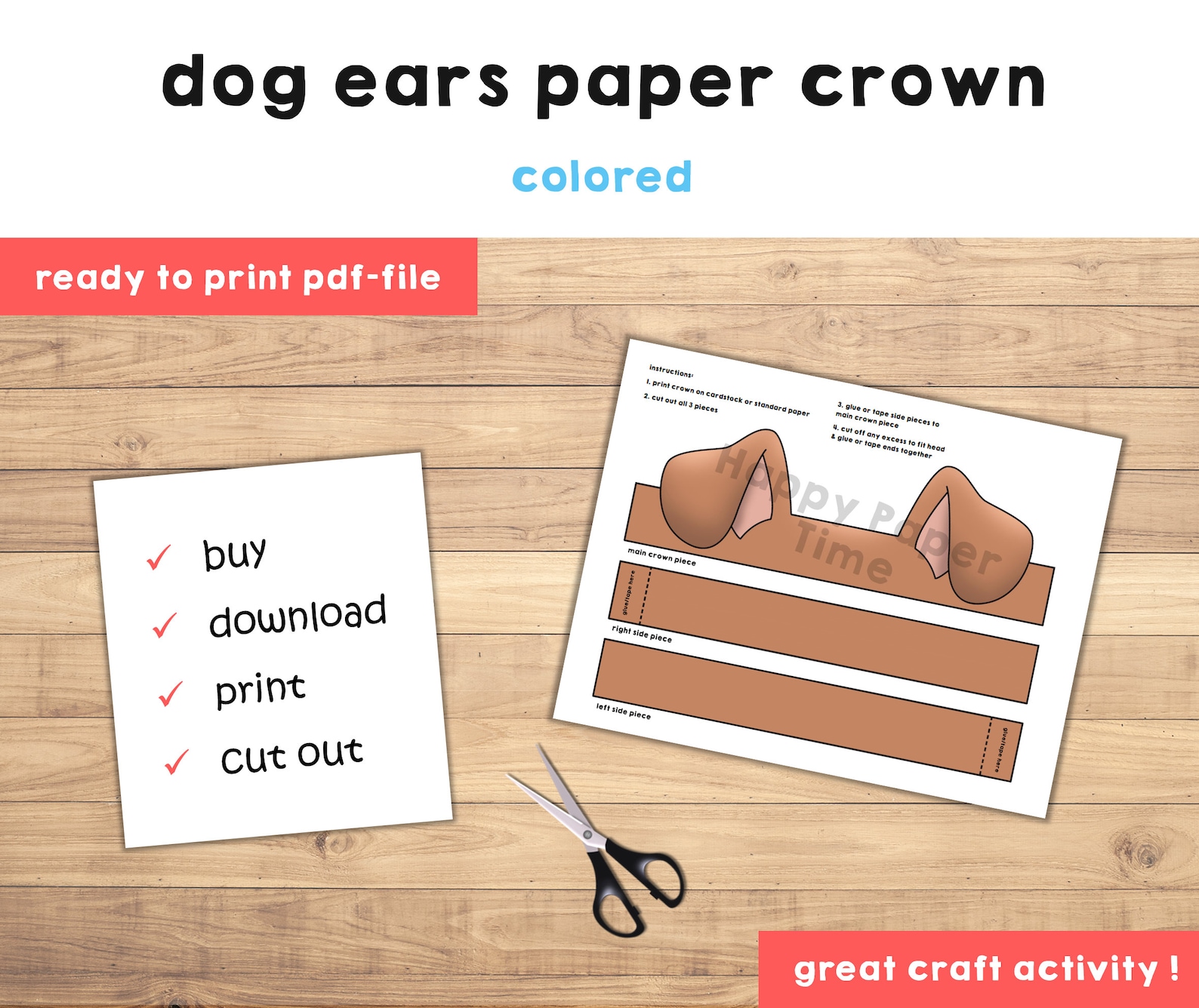 Dog Ears Paper Crown Party Coloring Printable Kids Craft Puppy | Etsy