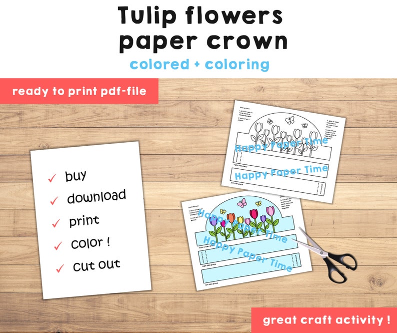 Tulips Flower Paper Crown Party Coloring Printable Kids Craft - Etsy