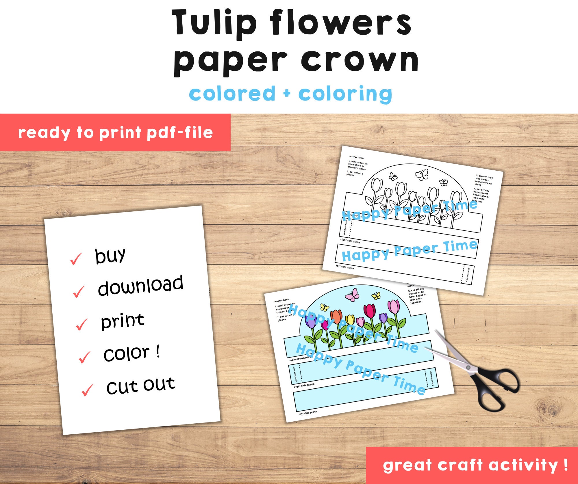 Tulips Flower Paper Crown Party Coloring Printable Kids Craft - Etsy