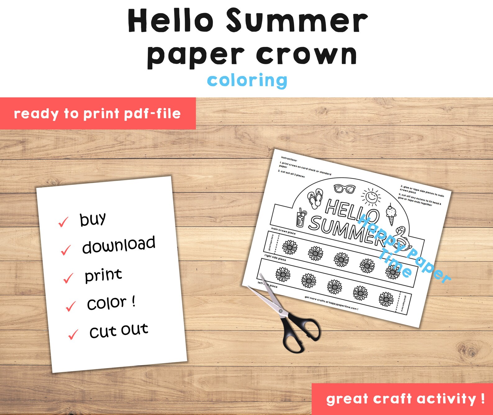 Summer Paper Crowns Printable Kids Craft Coloring Birthday Party Favor ...