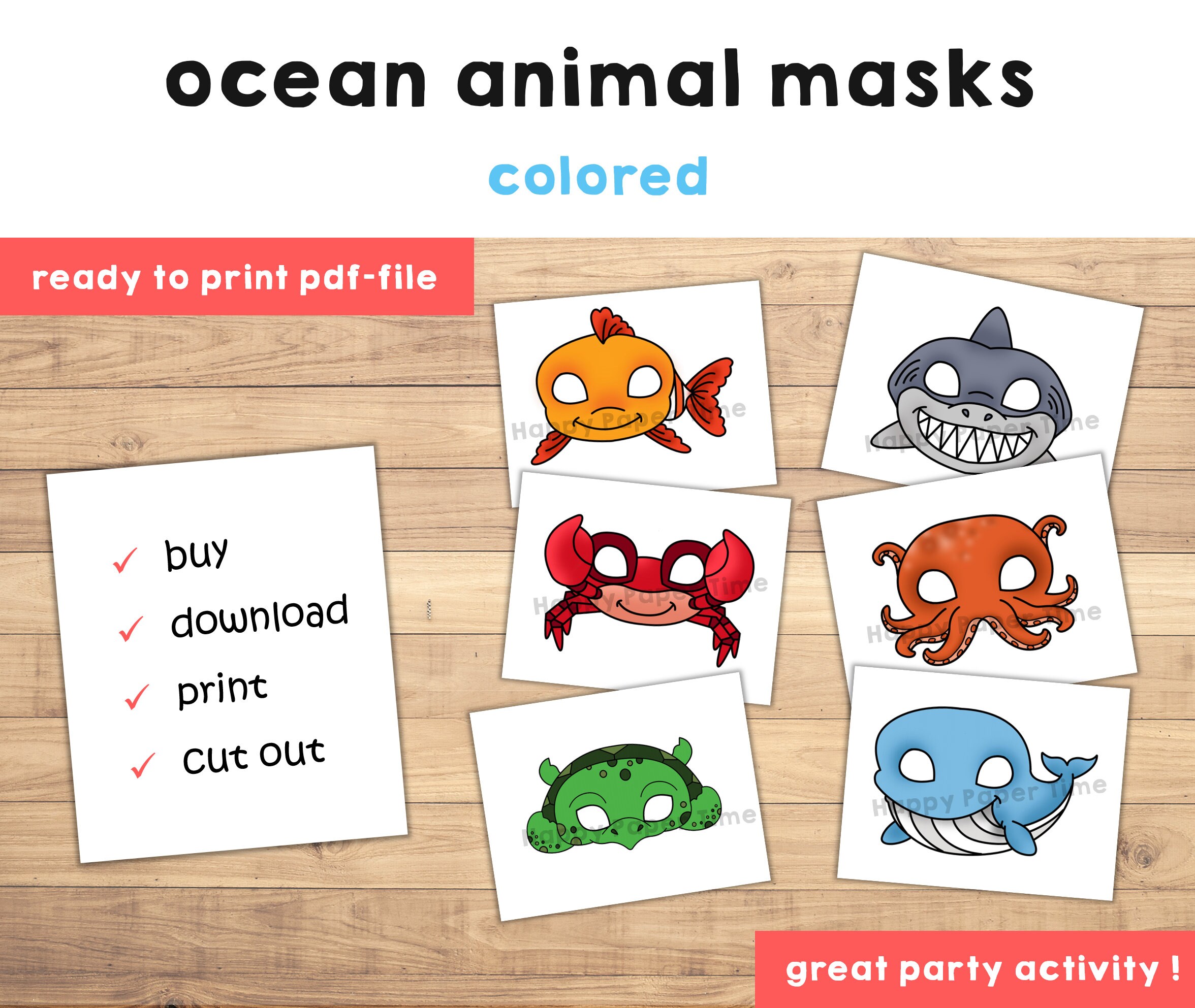 Ocean Animal Masks Template Crab Sea Turtle Whale Shark - Etsy UK
