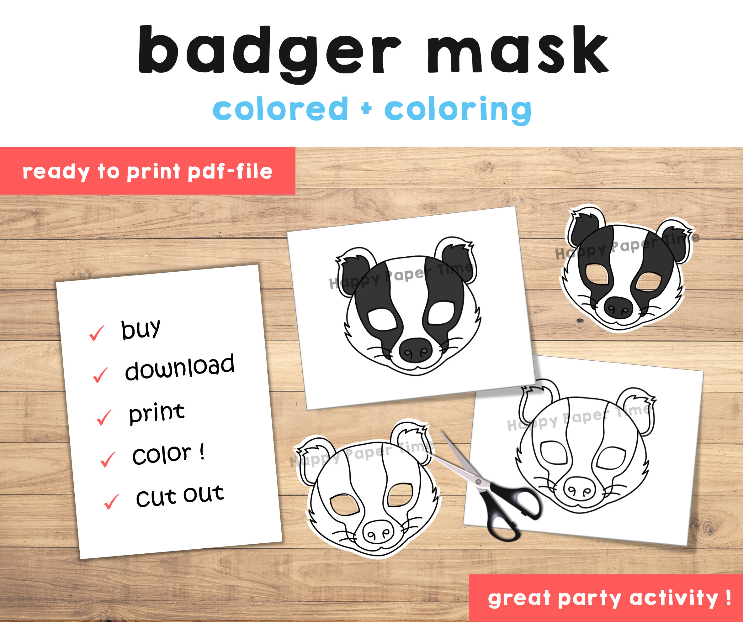 Badger Mask Badger Costume Animal Mask Printable Party Favor - Etsy