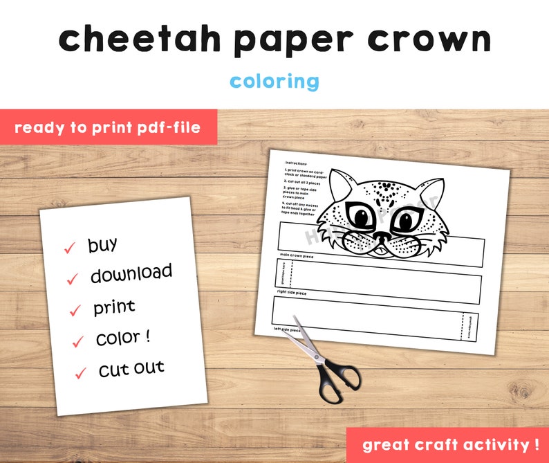 Cheetah Paper Crown Coloring Printable Kids Craft Africa | Etsy