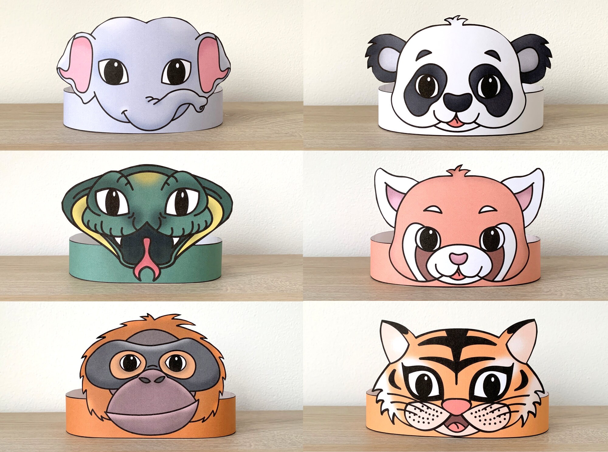 Asian Jungle Animals Paper Crowns Panda Elephant Cobra Tiger Orangutan ...