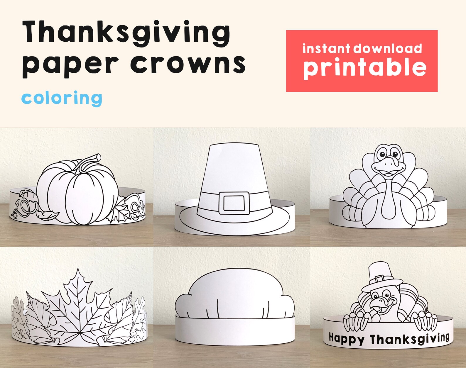 Thanksgiving Paper Crowns Craft Coloring Printable Kids | Etsy